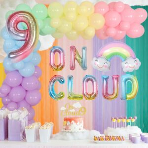 JOYMEMO On Cloud 9 Birthday Decorations for Girls Pastel Rainbow Balloon Garland Arch Kit On Cloud 9 Cake Topper/Balloon Banner for Sky Theme 9th Birthday Party Supplies