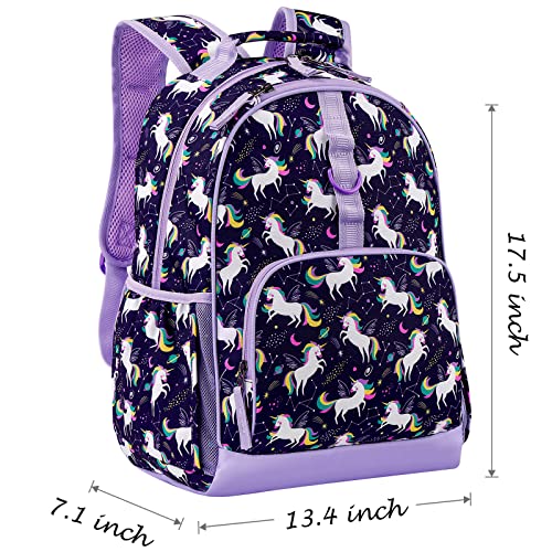 Choco Mocha Unicorn Backpack for Girls Backpack Elementary School Backpack Kids 17 inch Kindergarten Backpack for Girls 1st 2nd Grade Bookbag School Bag 6-8 5-7 with Chest Strap Purple