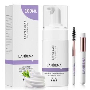 lanbena 100ml eyelash extension cleanser, lash shampoo for lash extensions, amino acid eyelash shampoo oil free foam lash bath for eyelash extensions, lash cleaning kit with brush,home salon use