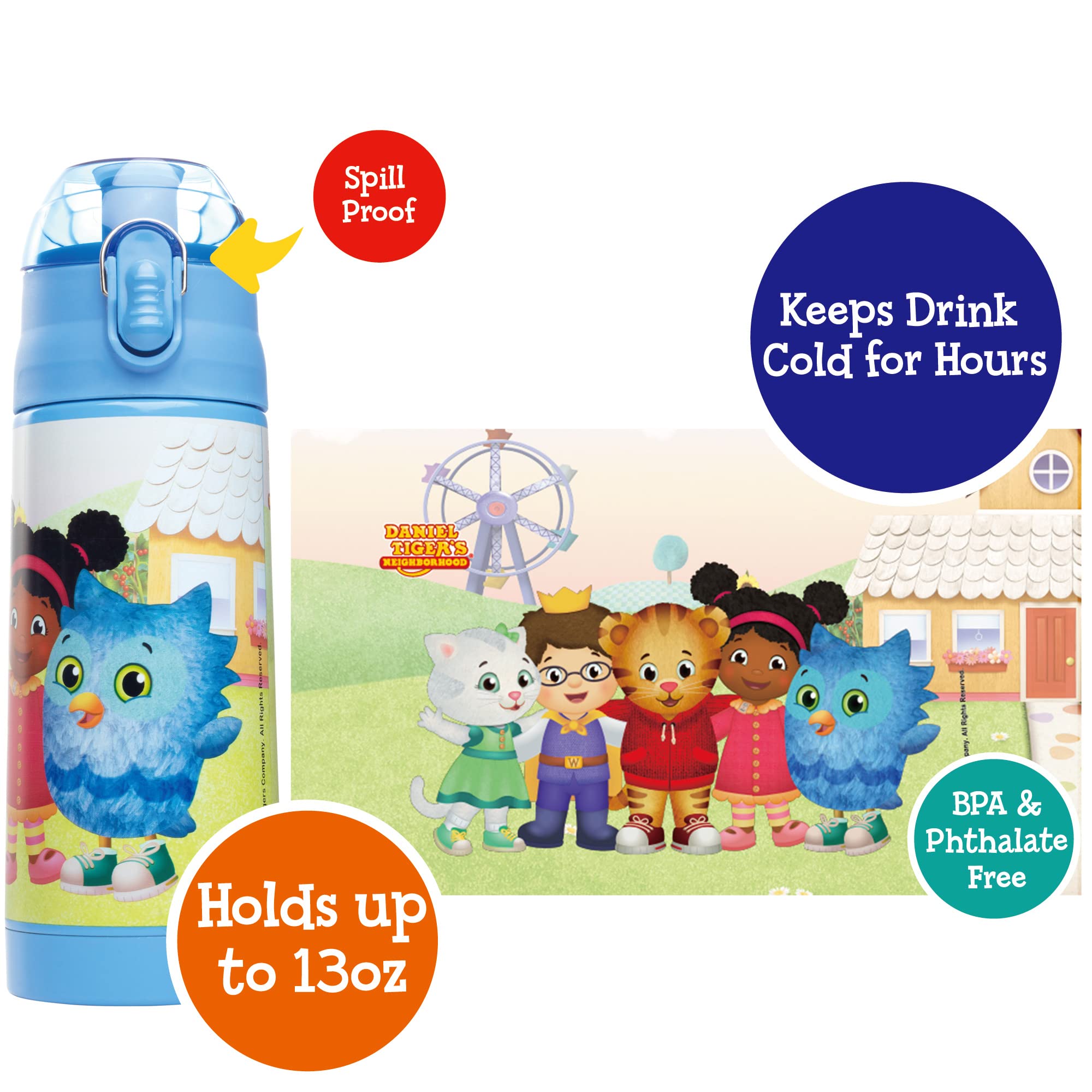 Daniel Tiger 13 oz Insulated Water Bottle with Latching Lid - Easy to Use for Kids - Reusable Spill Proof & BPA-Free, Keeps Drinks Cold for Hours, Fits in Lunch Boxes & Bags, Fun for Back to School