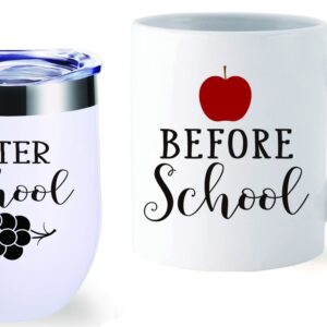 momocici Before School After School 11 oz Coffee Mug & 12 oz Wine Tumbler Set Gifts for Teachers.Teacher Gifts,New Teacher,Teacher Appreciation,Birthday,Thank You Gifts for Teachers(White)