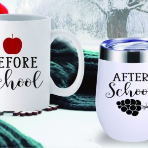 momocici Before School After School 11 oz Coffee Mug & 12 oz Wine Tumbler Set Gifts for Teachers.Teacher Gifts,New Teacher,Teacher Appreciation,Birthday,Thank You Gifts for Teachers(White)