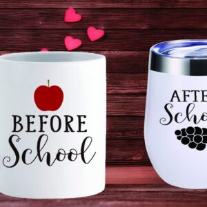 momocici Before School After School 11 oz Coffee Mug & 12 oz Wine Tumbler Set Gifts for Teachers.Teacher Gifts,New Teacher,Teacher Appreciation,Birthday,Thank You Gifts for Teachers(White)