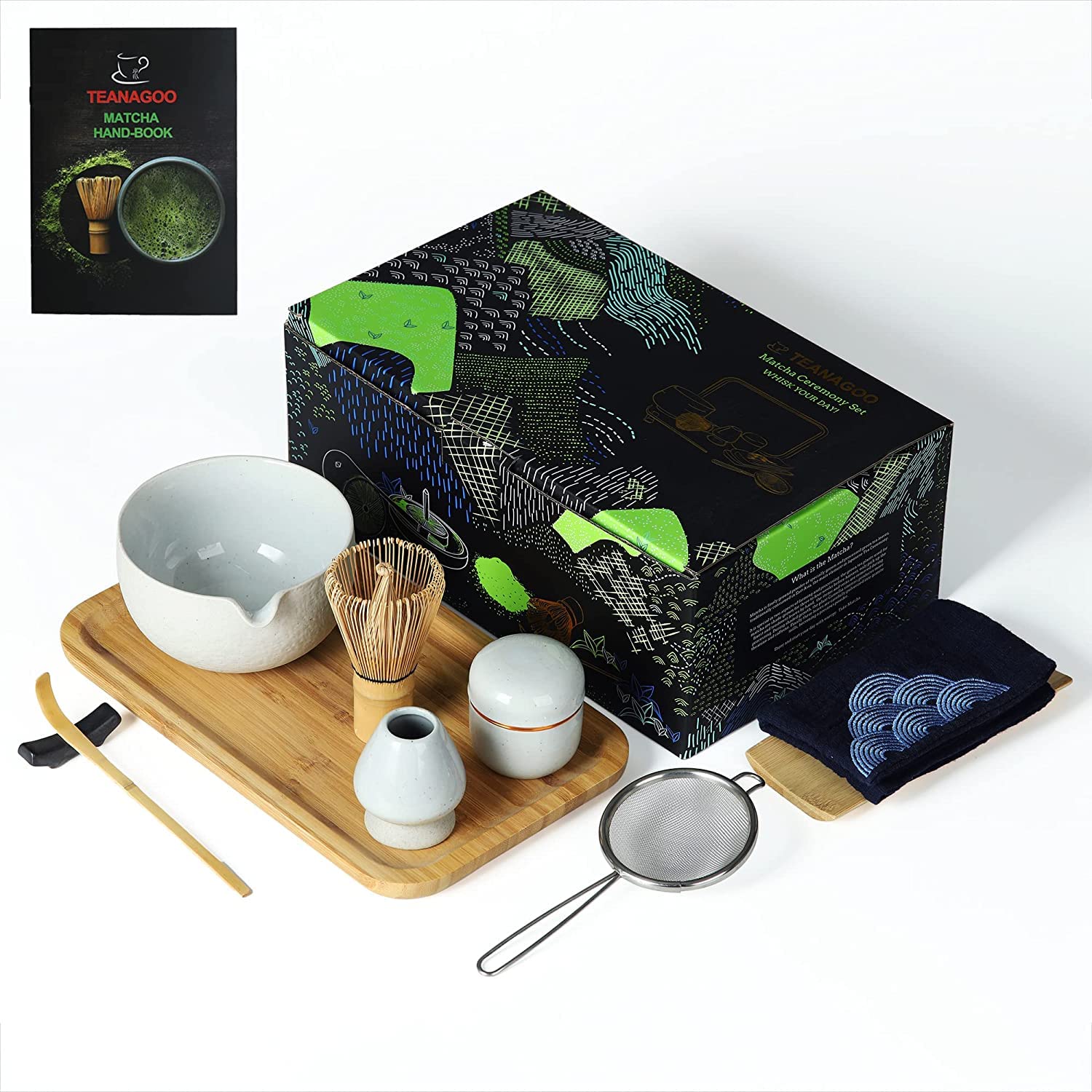 TEANAGOO Japanese Tea Set with Bamboo Tray, Matcha Whisk Set, Matcha Bowl with Pouring Spout, Bamboo Matcha Whisk (chasen), Scoop (chashaku), Matcha Whisk Holder, Tea Powder Can. O3, Lt. Grey,