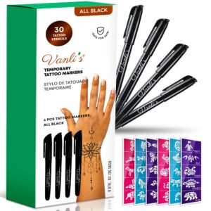 vanli's temporary tattoo markers for skin with 30 unique tattoo stencils. black tattoo pens for skin temporary. skin safe, great stocking stuffer for kids, teens and adults