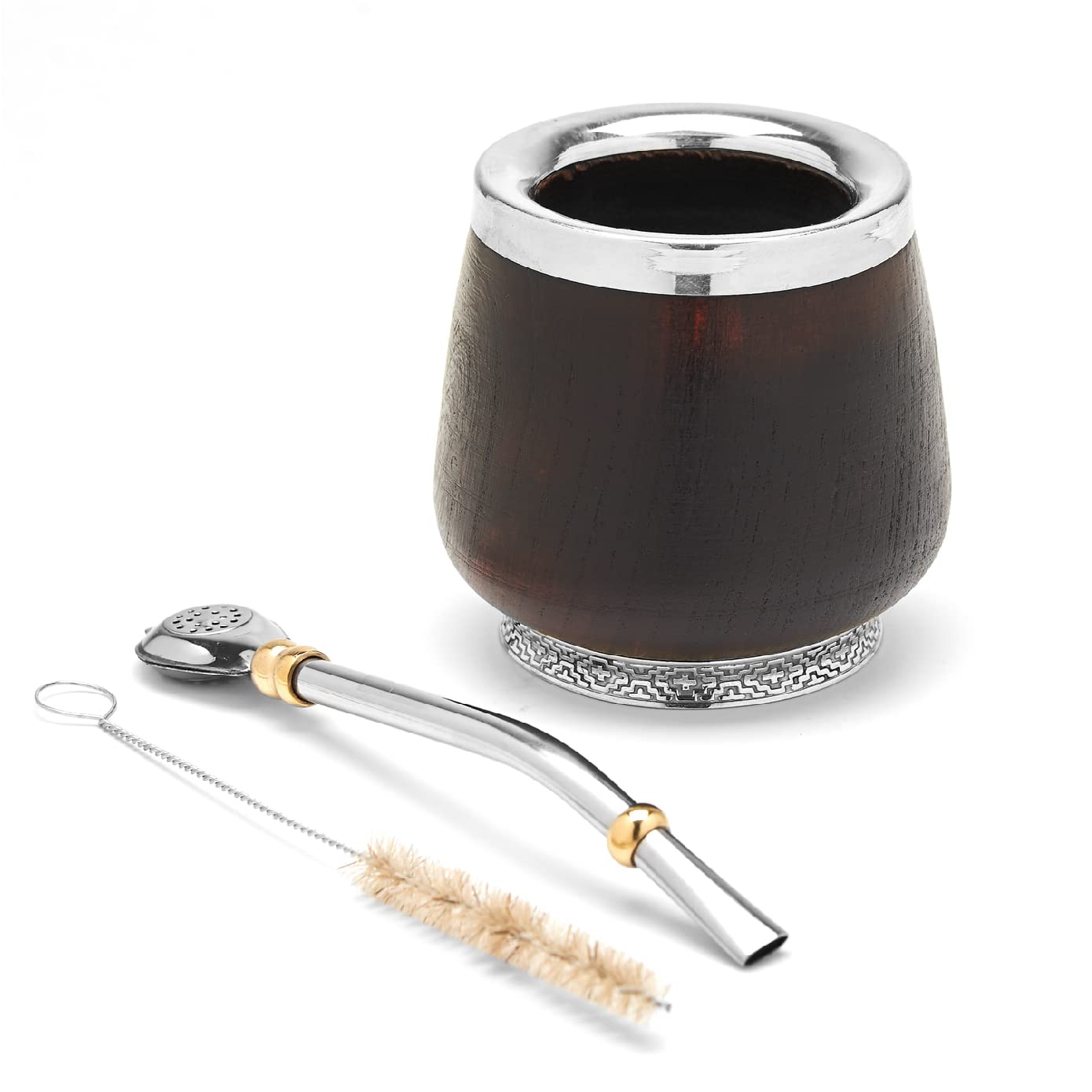 BALIBETOV Selected Collection - Yerba Mate Gourd (Mate Cup) - Premium Mate Gourd With German Silver Details - Includes Stainless Steel Bombilla and Cleaning Brush. (The Chaco Mate)