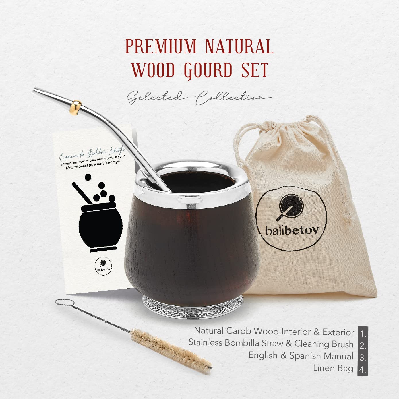 BALIBETOV Selected Collection - Yerba Mate Gourd (Mate Cup) - Premium Mate Gourd With German Silver Details - Includes Stainless Steel Bombilla and Cleaning Brush. (The Chaco Mate)