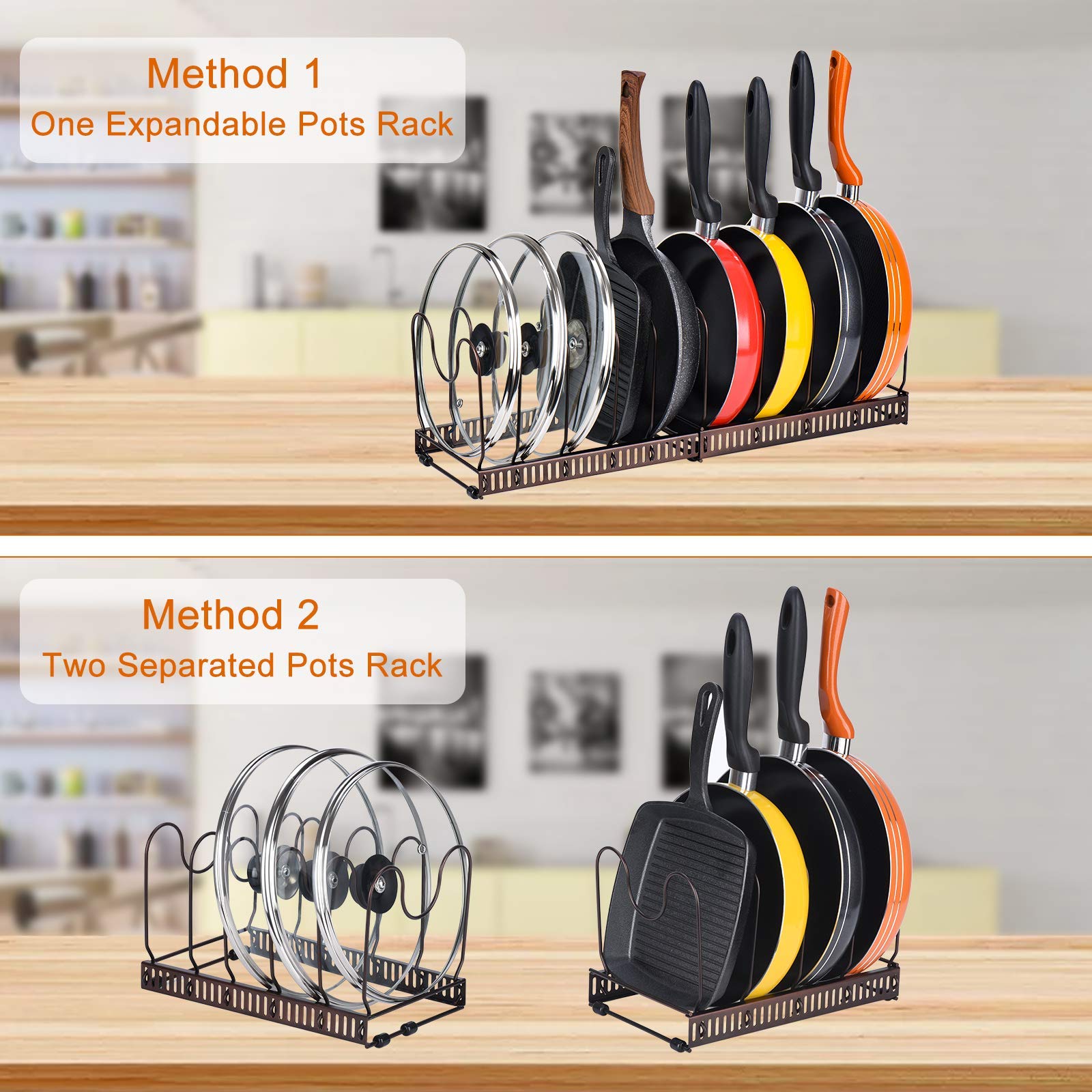 Toplife Adjustable 10+ Pans Organizer Rack + 7+ Lids Organizer Rack for Kitchen Cabinet and Counter, Brown