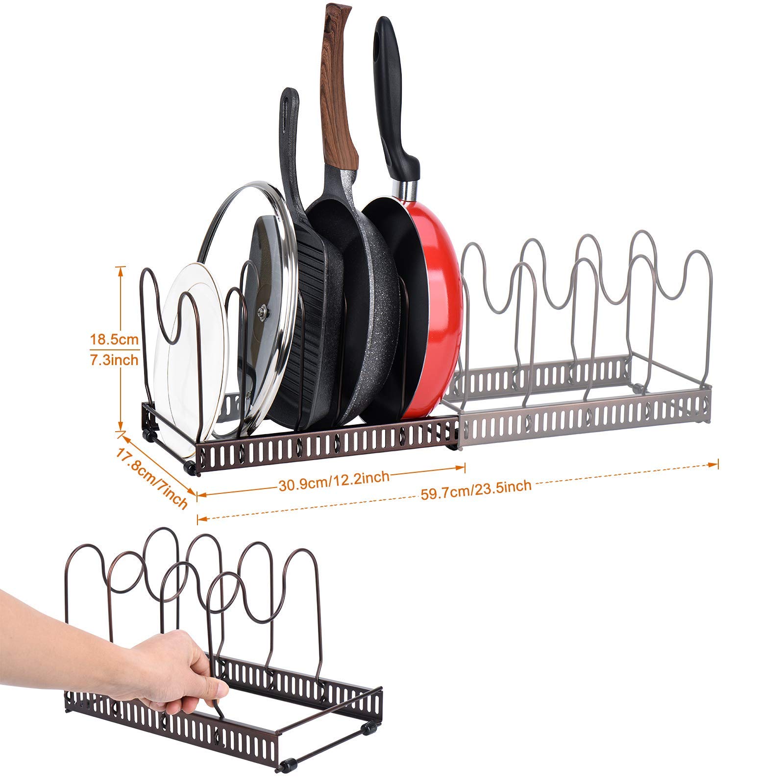 Toplife Adjustable 10+ Pans Organizer Rack + 7+ Lids Organizer Rack for Kitchen Cabinet and Counter, Brown