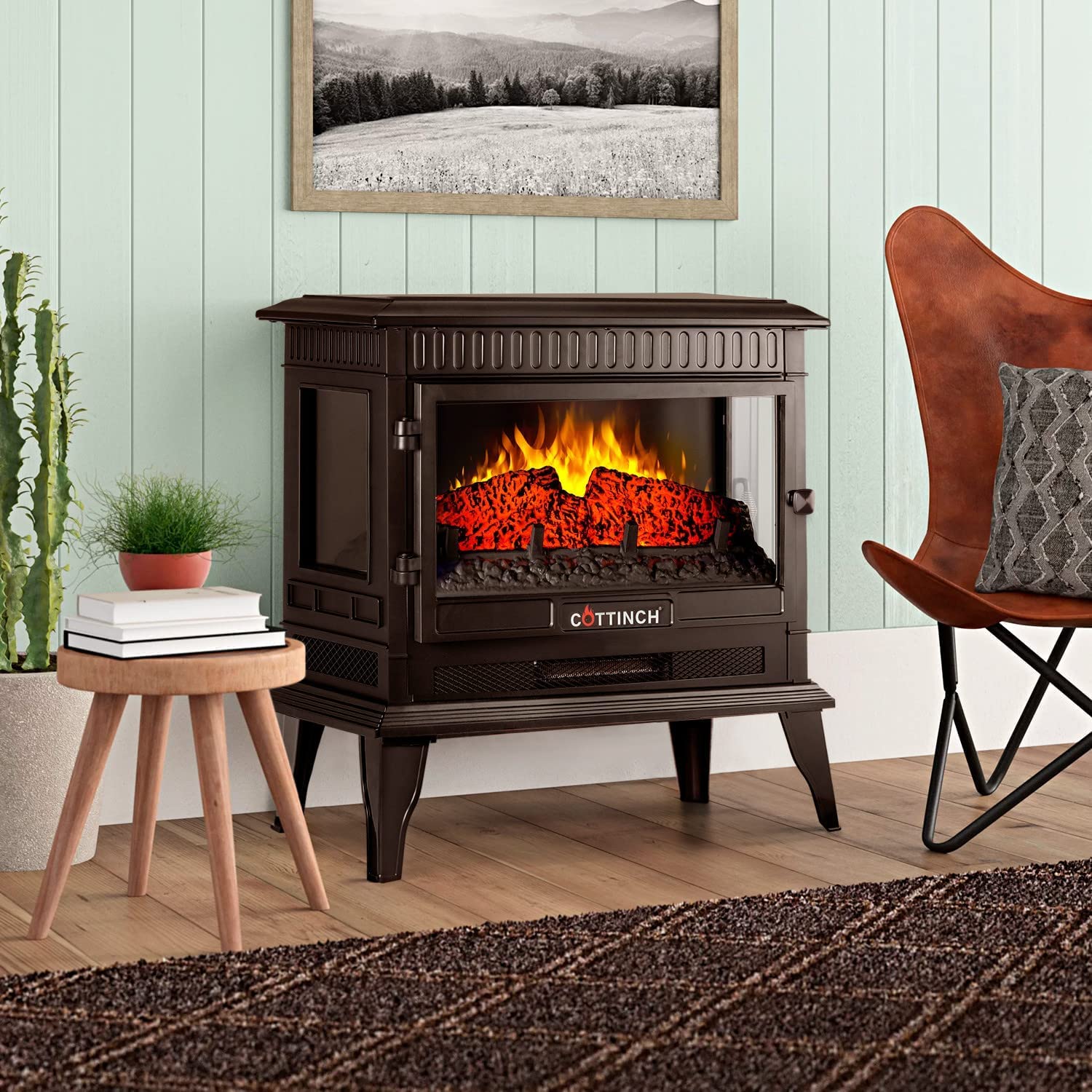 25" Electric Fireplace Heater with Logs, Lights, 3D Flame Effects - 1400W, Free Standing for Living Rooms