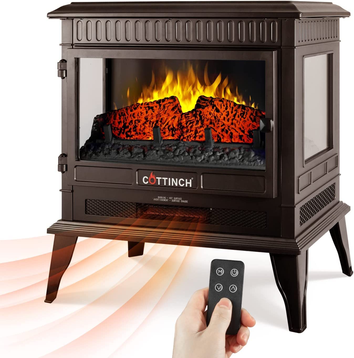 25" Electric Fireplace Heater with Logs, Lights, 3D Flame Effects - 1400W, Free Standing for Living Rooms