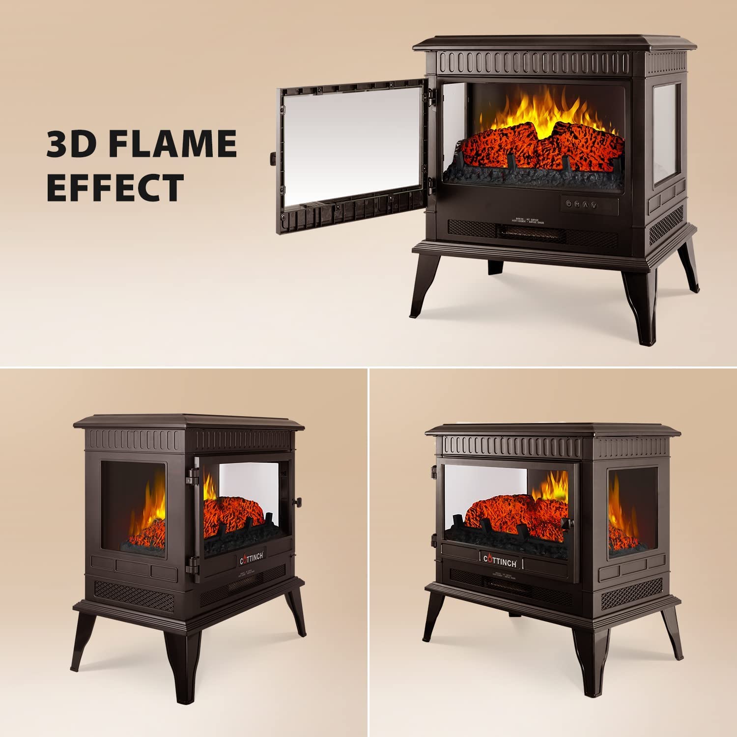 25" Electric Fireplace Heater with Logs, Lights, 3D Flame Effects - 1400W, Free Standing for Living Rooms