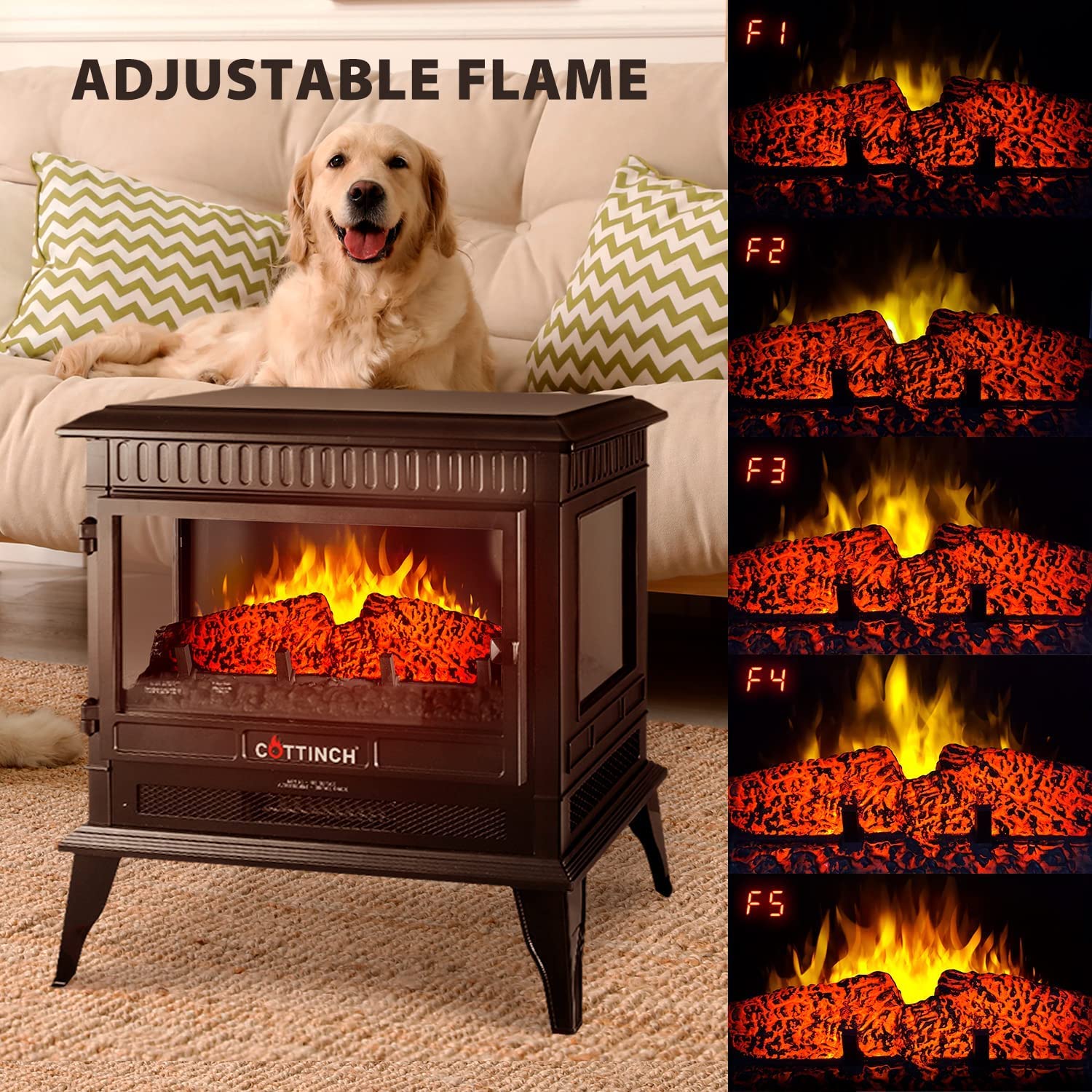 25" Electric Fireplace Heater with Logs, Lights, 3D Flame Effects - 1400W, Free Standing for Living Rooms