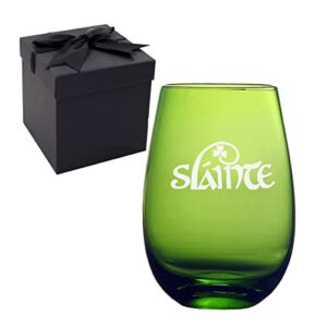 Christmas Gifts for Irish Men Women, Slainte Irish Cheers Etched Stemless Green Wine Glass,14 Ounces