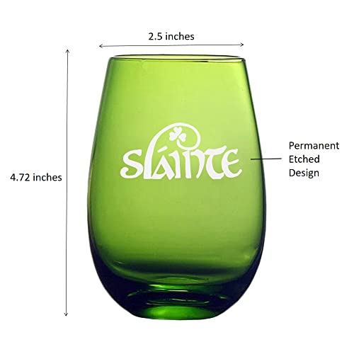 Christmas Gifts for Irish Men Women, Slainte Irish Cheers Etched Stemless Green Wine Glass,14 Ounces