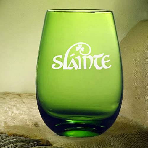 Christmas Gifts for Irish Men Women, Slainte Irish Cheers Etched Stemless Green Wine Glass,14 Ounces