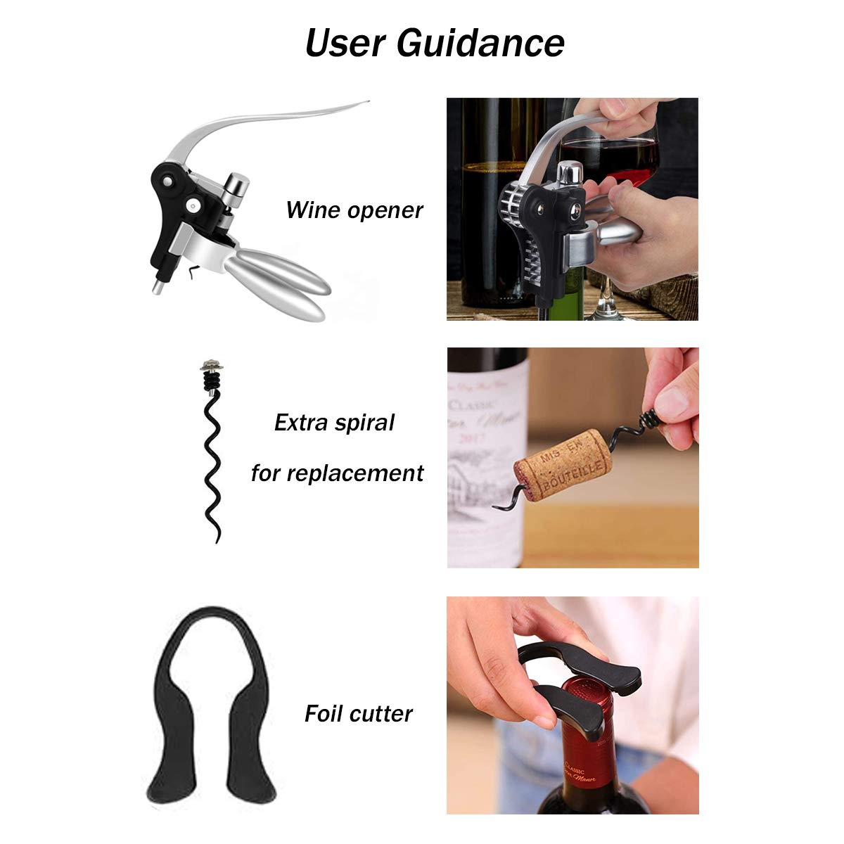 Wine Bottle Opener Corkscrew Set, LOVUMMOR Wine Opener Kit, Corkscrews Wine Opener Set, Screwpull Levers with Foil Cutter, Extra Spiral, Bottle Stopper, Drip Ring, Wine Stopper/Wine Pourer