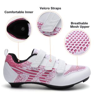 Unisex Road Bike Cycling Shoes Compatible with Peloton Shimano SPD Bike Riding Shoes for Men Women, 3 Straps, Pre-Installed Delta Cleats for Indoor Outdoor Cycling Biking Size 7 (White-Pink)