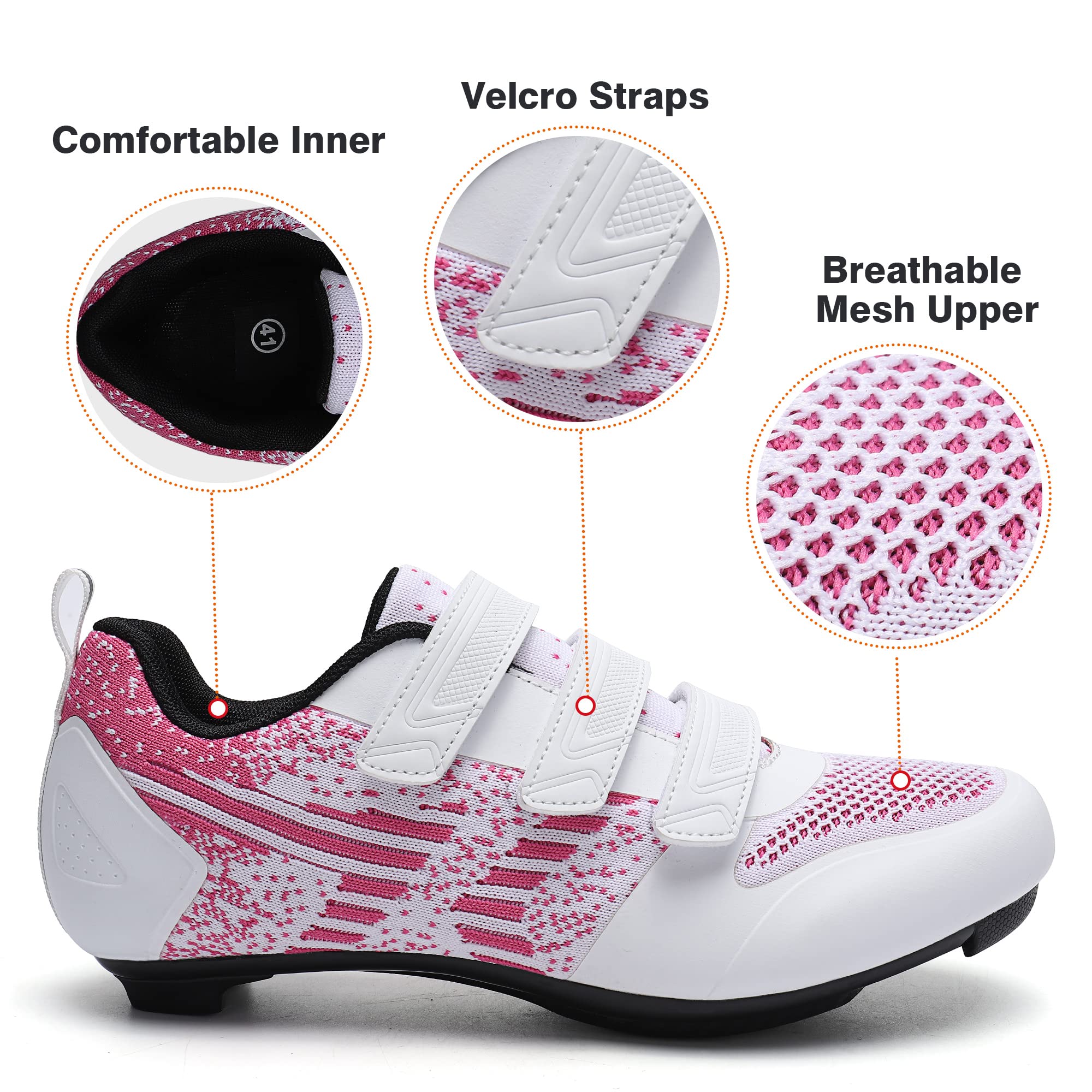 Unisex Road Bike Cycling Shoes Compatible with Peloton Shimano SPD Bike Riding Shoes for Men Women, 3 Straps, Pre-Installed Delta Cleats for Indoor Outdoor Cycling Biking Size 7 (White-Pink)