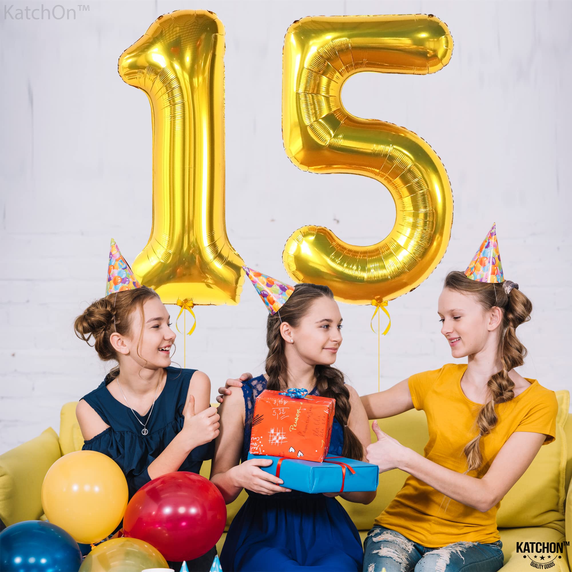 KatchOn, Giant Gold Number 15 Balloons - 40 Inch | 15 Balloons Number Gold, 15th Birthday Decorations for Boys | 15 Gold Balloon Number | Gold 15 Balloon Numbers, 15 Birthday Decorations for Girls