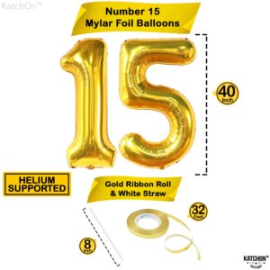 KatchOn, Giant Gold Number 15 Balloons - 40 Inch | 15 Balloons Number Gold, 15th Birthday Decorations for Boys | 15 Gold Balloon Number | Gold 15 Balloon Numbers, 15 Birthday Decorations for Girls