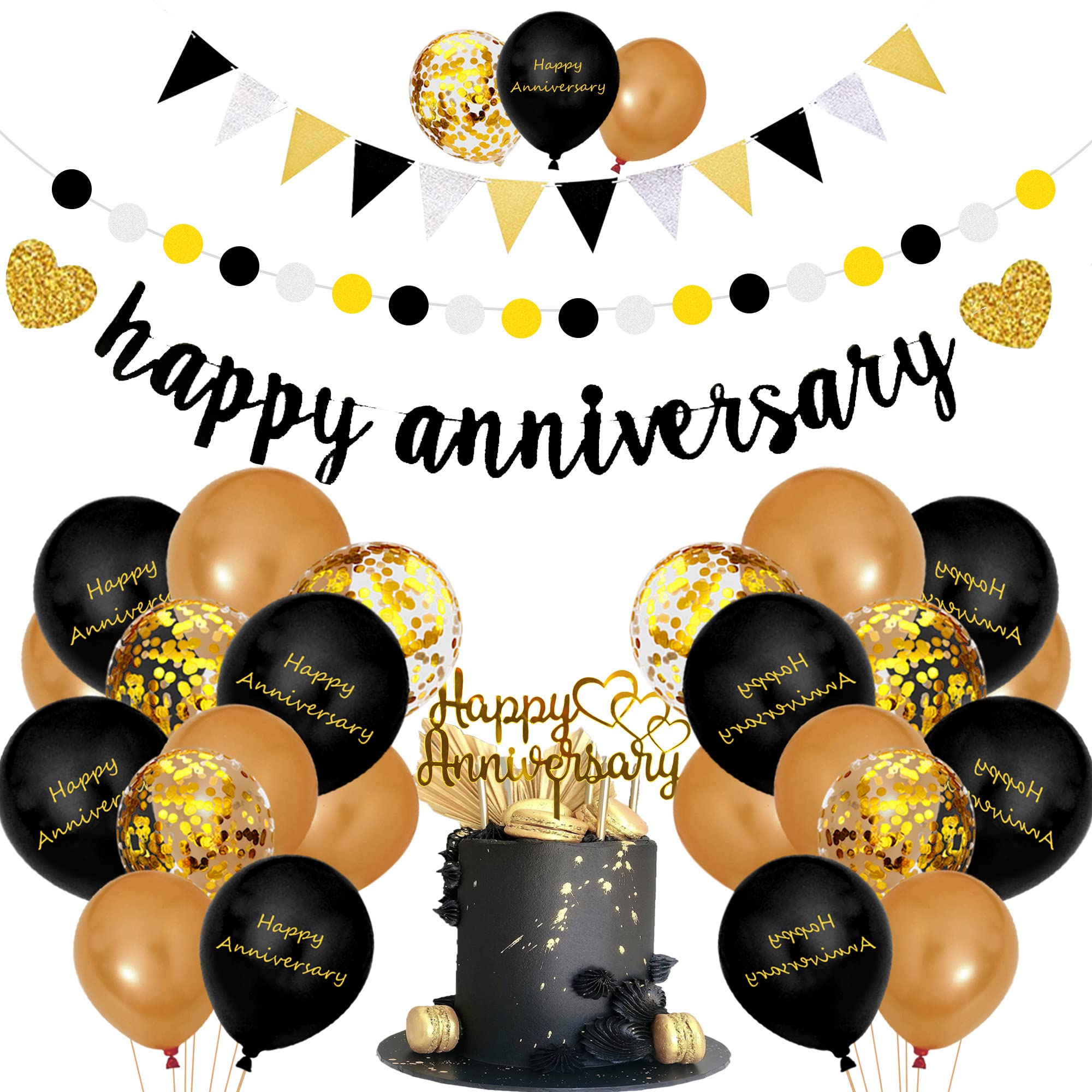 Happy Anniversary Decorations, Glitter Gold Black Happy Wedding Anniversary Decorations Sets with Banner, Cake Topper, Glitter Hanging and Balloons for All Ages' Anniversary Party Decorations