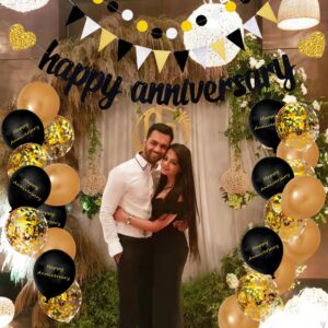 Happy Anniversary Decorations, Glitter Gold Black Happy Wedding Anniversary Decorations Sets with Banner, Cake Topper, Glitter Hanging and Balloons for All Ages' Anniversary Party Decorations