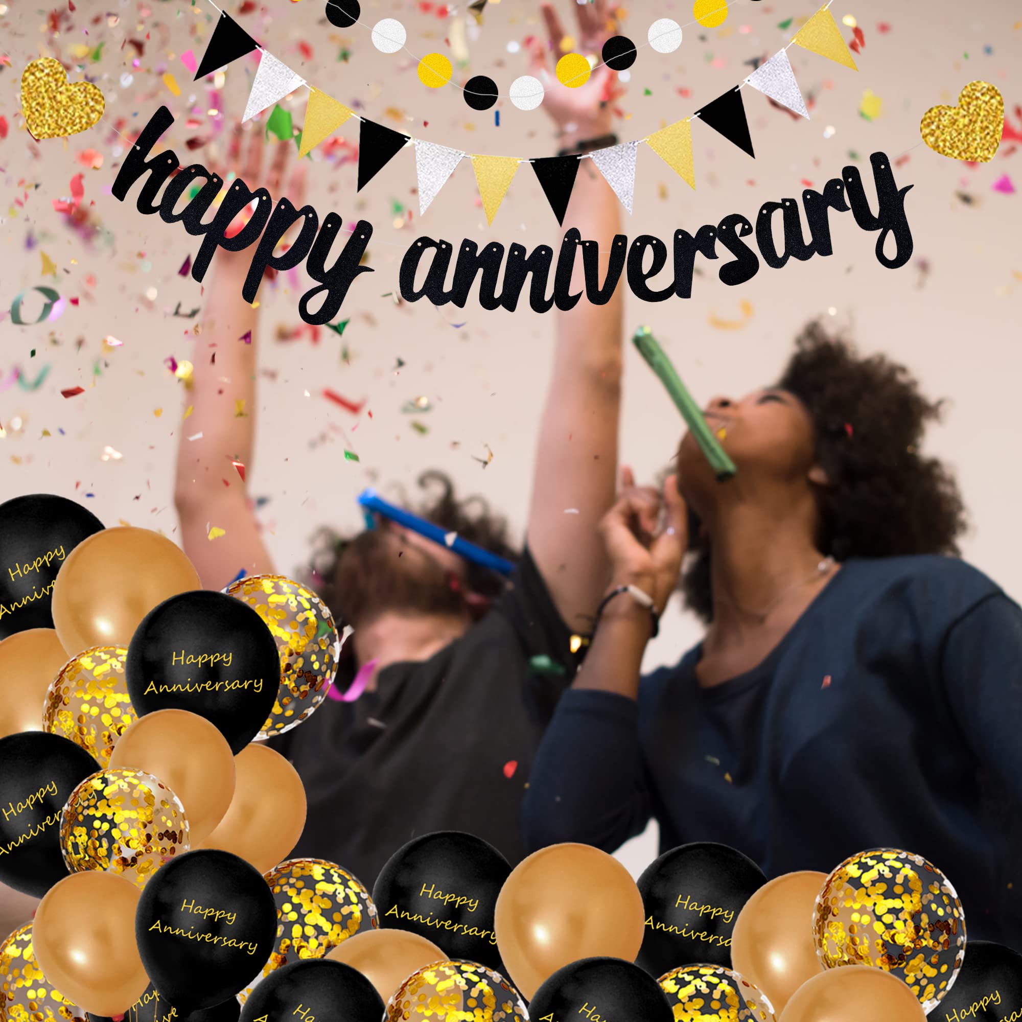 Happy Anniversary Decorations, Glitter Gold Black Happy Wedding Anniversary Decorations Sets with Banner, Cake Topper, Glitter Hanging and Balloons for All Ages' Anniversary Party Decorations