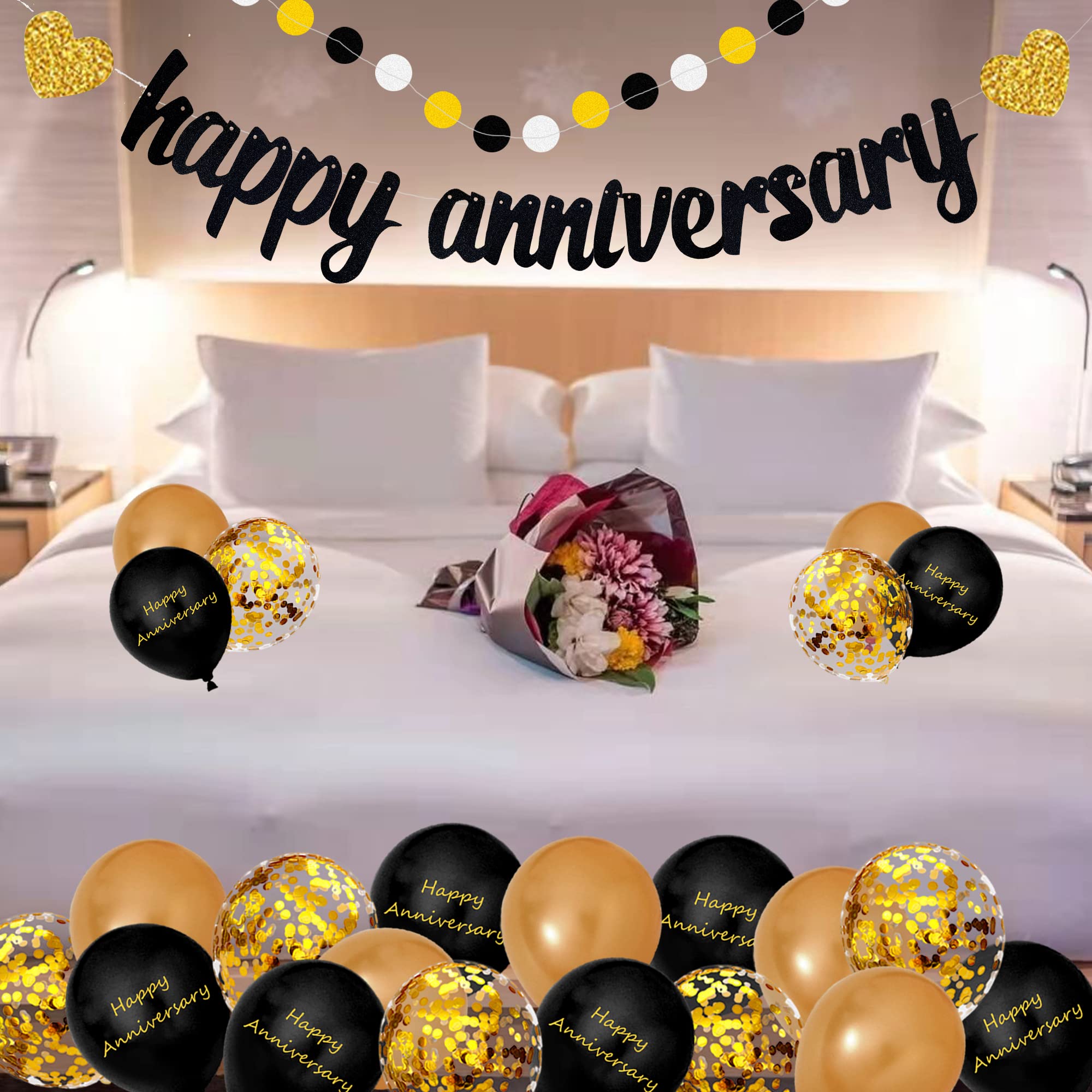 Happy Anniversary Decorations, Glitter Gold Black Happy Wedding Anniversary Decorations Sets with Banner, Cake Topper, Glitter Hanging and Balloons for All Ages' Anniversary Party Decorations