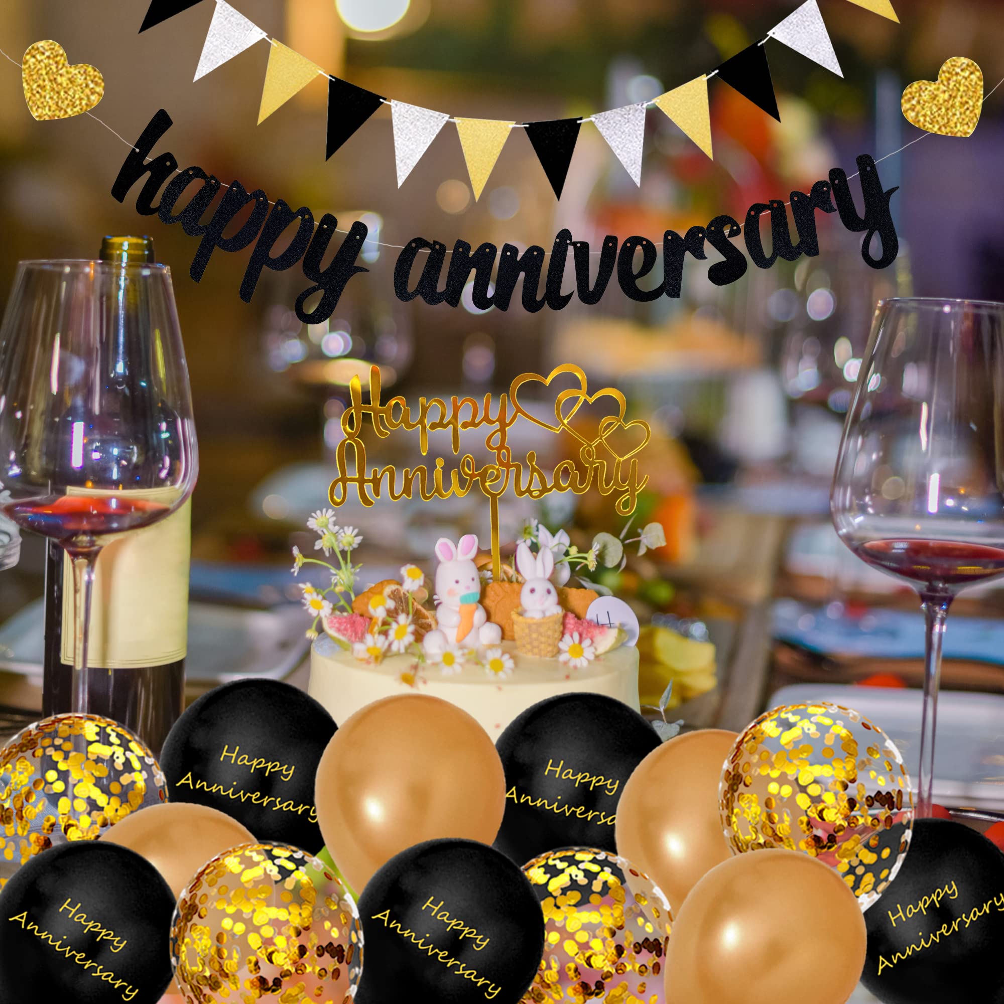 Happy Anniversary Decorations, Glitter Gold Black Happy Wedding Anniversary Decorations Sets with Banner, Cake Topper, Glitter Hanging and Balloons for All Ages' Anniversary Party Decorations