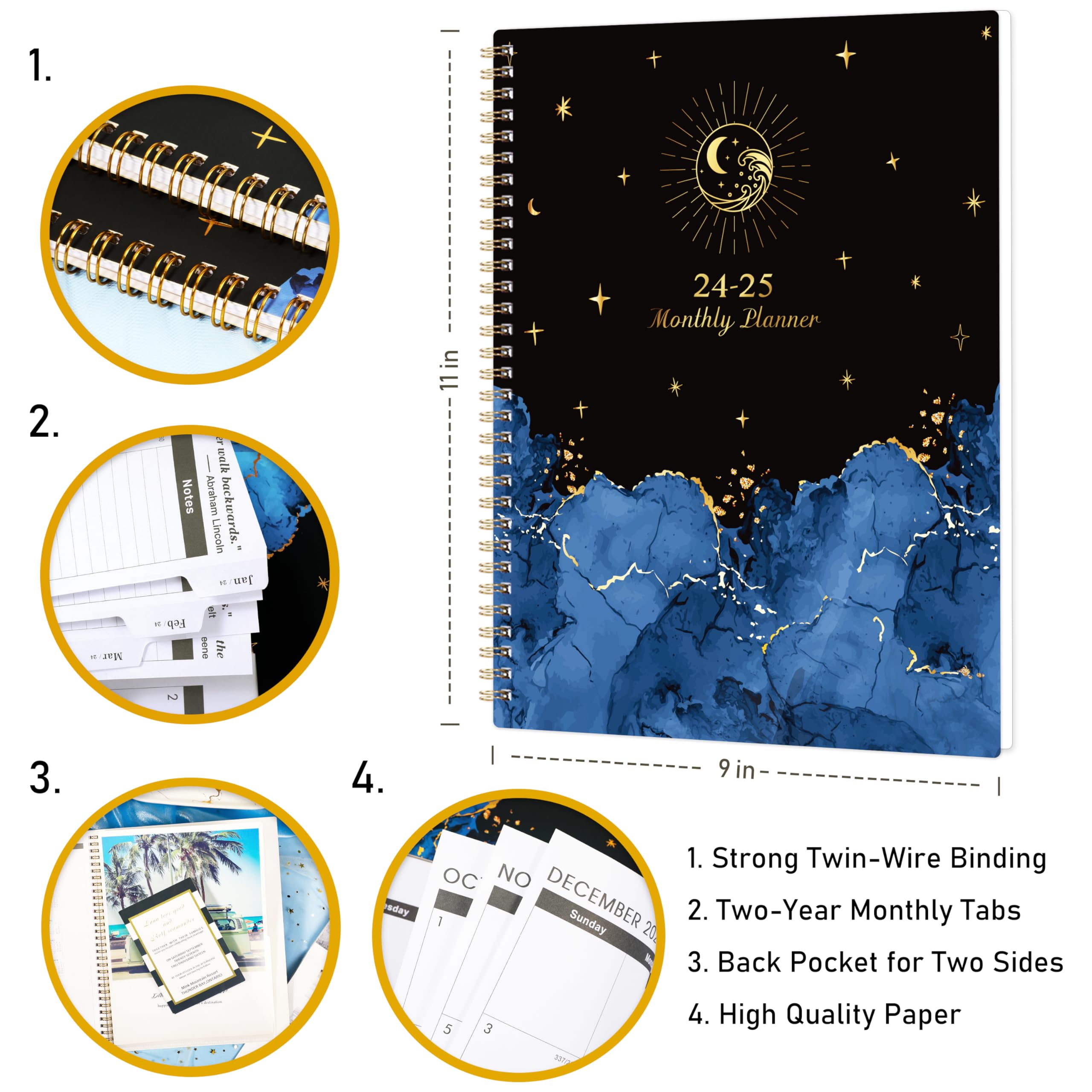 2024-2025 Monthly Planner/Calendar - 2 Years Monthly Planner 2024-2025, 9" x 11", Jan 2024 - Dec 2025, 2024 Planner with 24 Month Tabs, Twin-Wire Binding, Two-Side Pocket, Inspirational Quotes + Notes