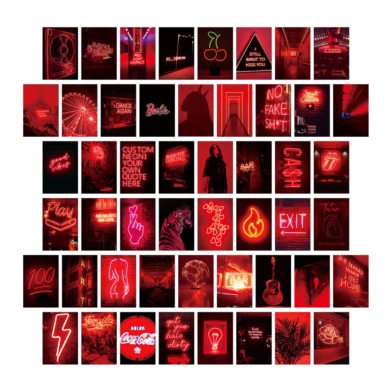 Yamiuza 50 Pack Wall Collage Kit,Colorful Aesthetic Photo Collages, 4"x 6" Postcards Sets Wall Photo Collage (Red Neon)