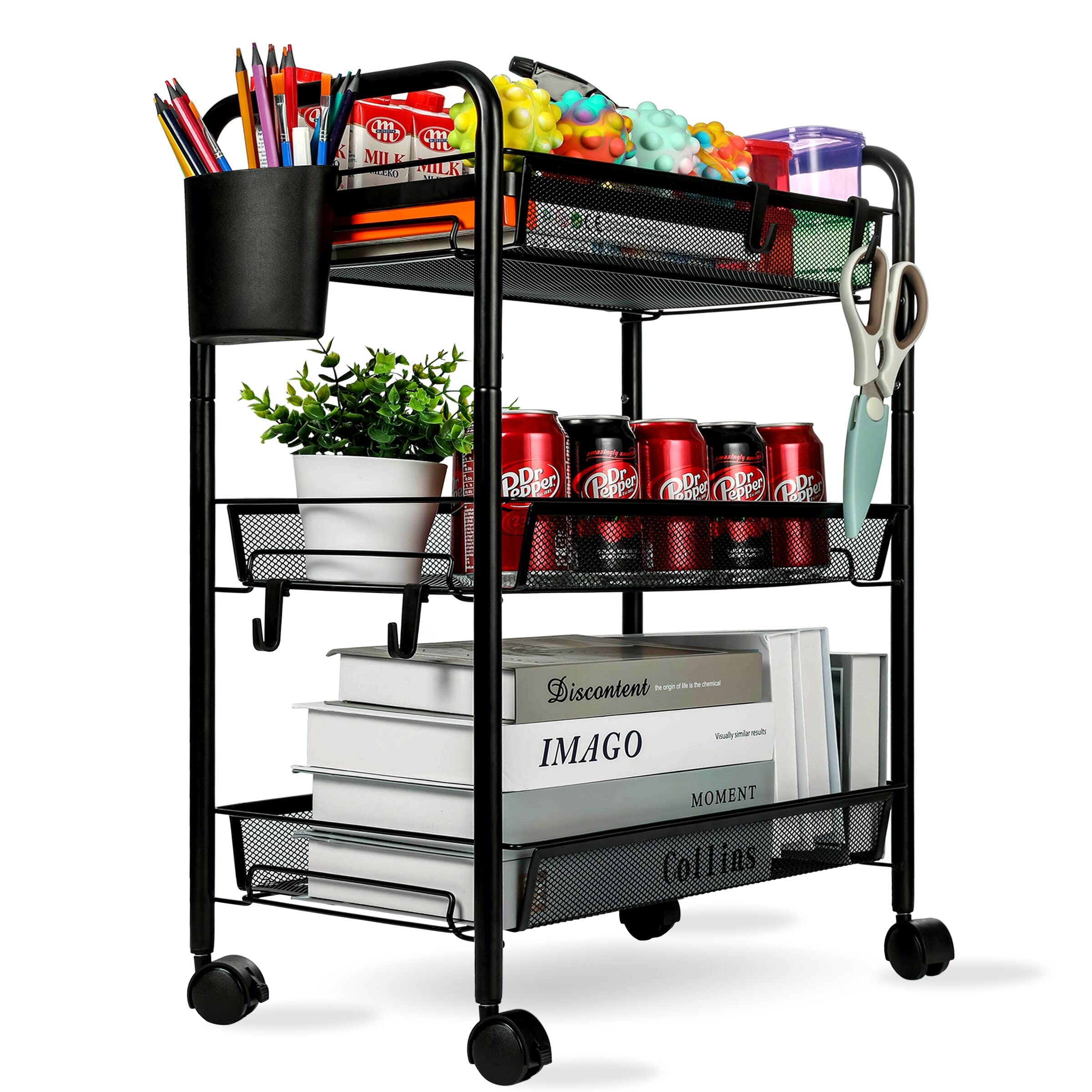 3 Tier All-Metal Rolling Cart, Trolley Craft Cart with Locking Wheels, Easy-Carry and Assembly Mesh Trolley Cart with 1 Small Baskets and 4 Hooks for Bathroom Kitchen Office Balcony Living Room