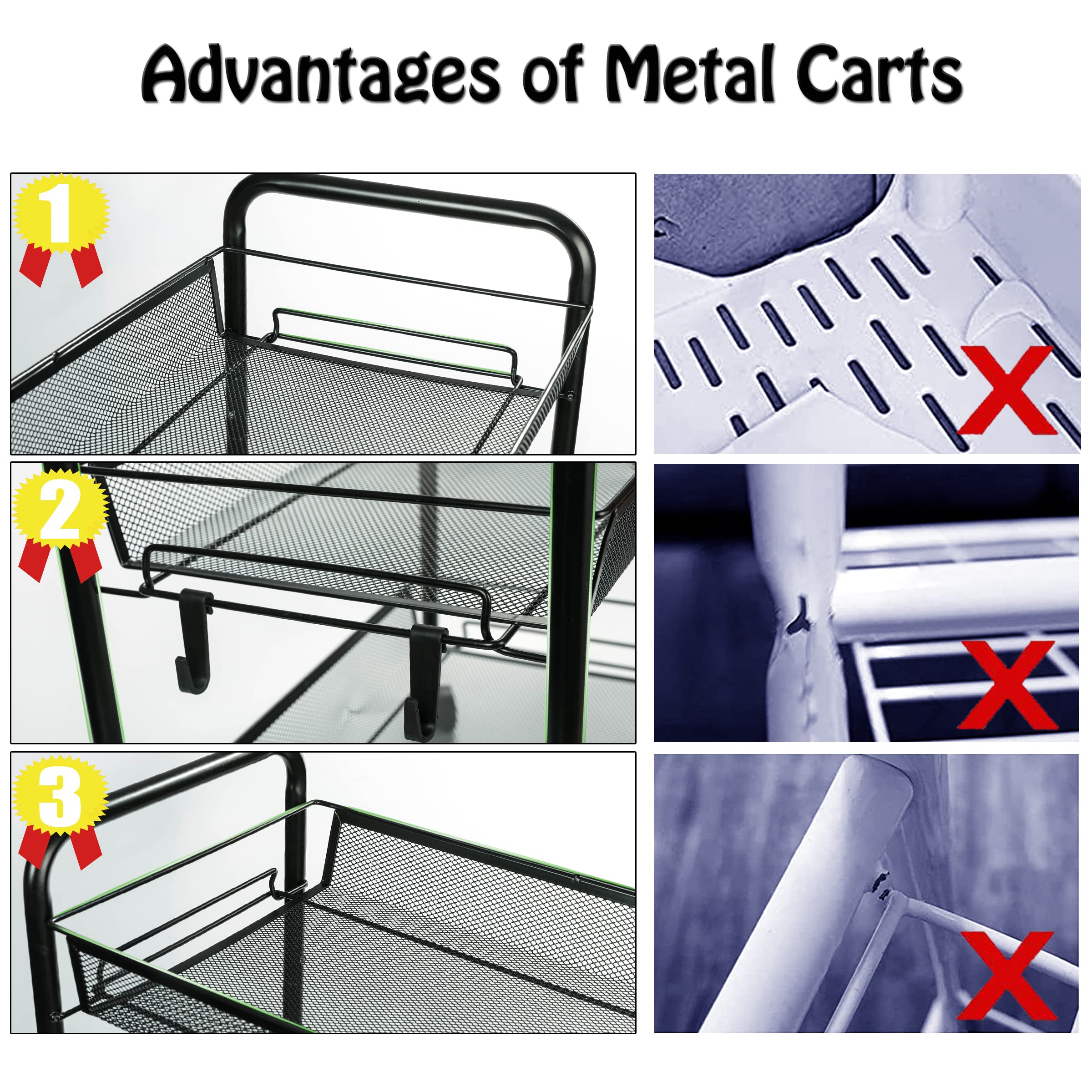 3 Tier All-Metal Rolling Cart, Trolley Craft Cart with Locking Wheels, Easy-Carry and Assembly Mesh Trolley Cart with 1 Small Baskets and 4 Hooks for Bathroom Kitchen Office Balcony Living Room