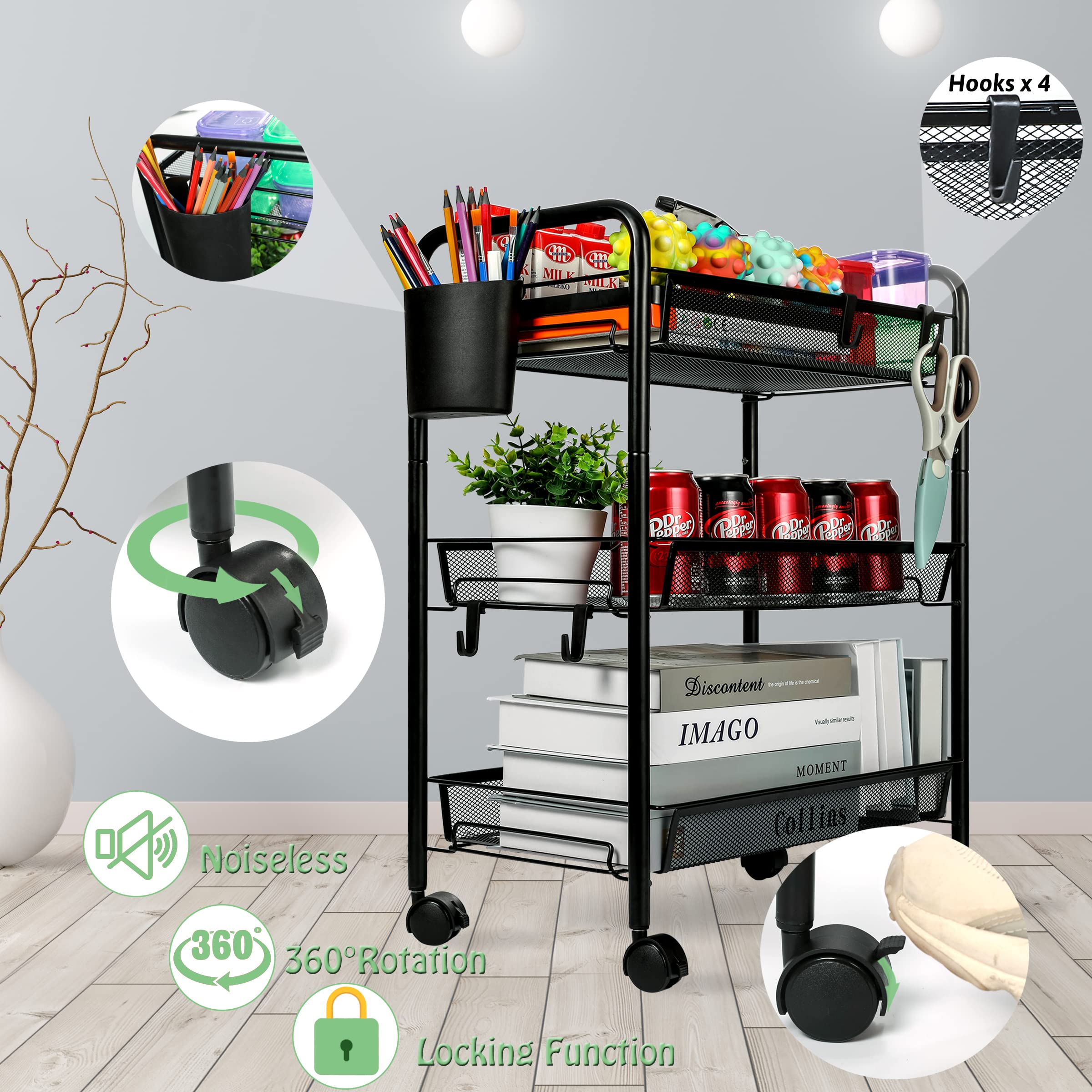 3 Tier All-Metal Rolling Cart, Trolley Craft Cart with Locking Wheels, Easy-Carry and Assembly Mesh Trolley Cart with 1 Small Baskets and 4 Hooks for Bathroom Kitchen Office Balcony Living Room