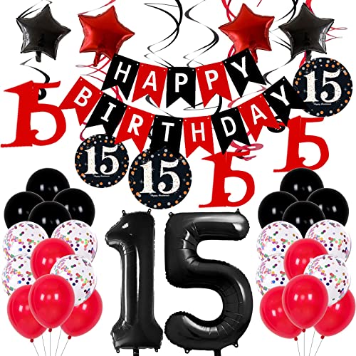 15th Birthday Decorations for Girls Boys, Red Black 15th Birthday Party Supplies for 15 Years Old Bady Decor for Teenagers HAPPY BIRTHDAY Banner Spiral Pendants 40 Inch Number 15 Foil Balloons