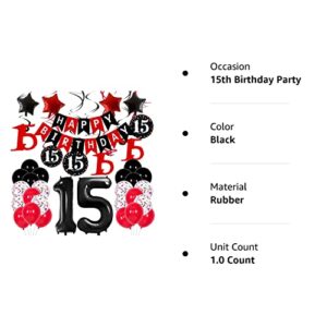 15th Birthday Decorations for Girls Boys, Red Black 15th Birthday Party Supplies for 15 Years Old Bady Decor for Teenagers HAPPY BIRTHDAY Banner Spiral Pendants 40 Inch Number 15 Foil Balloons