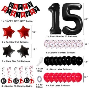 15th Birthday Decorations for Girls Boys, Red Black 15th Birthday Party Supplies for 15 Years Old Bady Decor for Teenagers HAPPY BIRTHDAY Banner Spiral Pendants 40 Inch Number 15 Foil Balloons