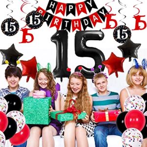 15th Birthday Decorations for Girls Boys, Red Black 15th Birthday Party Supplies for 15 Years Old Bady Decor for Teenagers HAPPY BIRTHDAY Banner Spiral Pendants 40 Inch Number 15 Foil Balloons