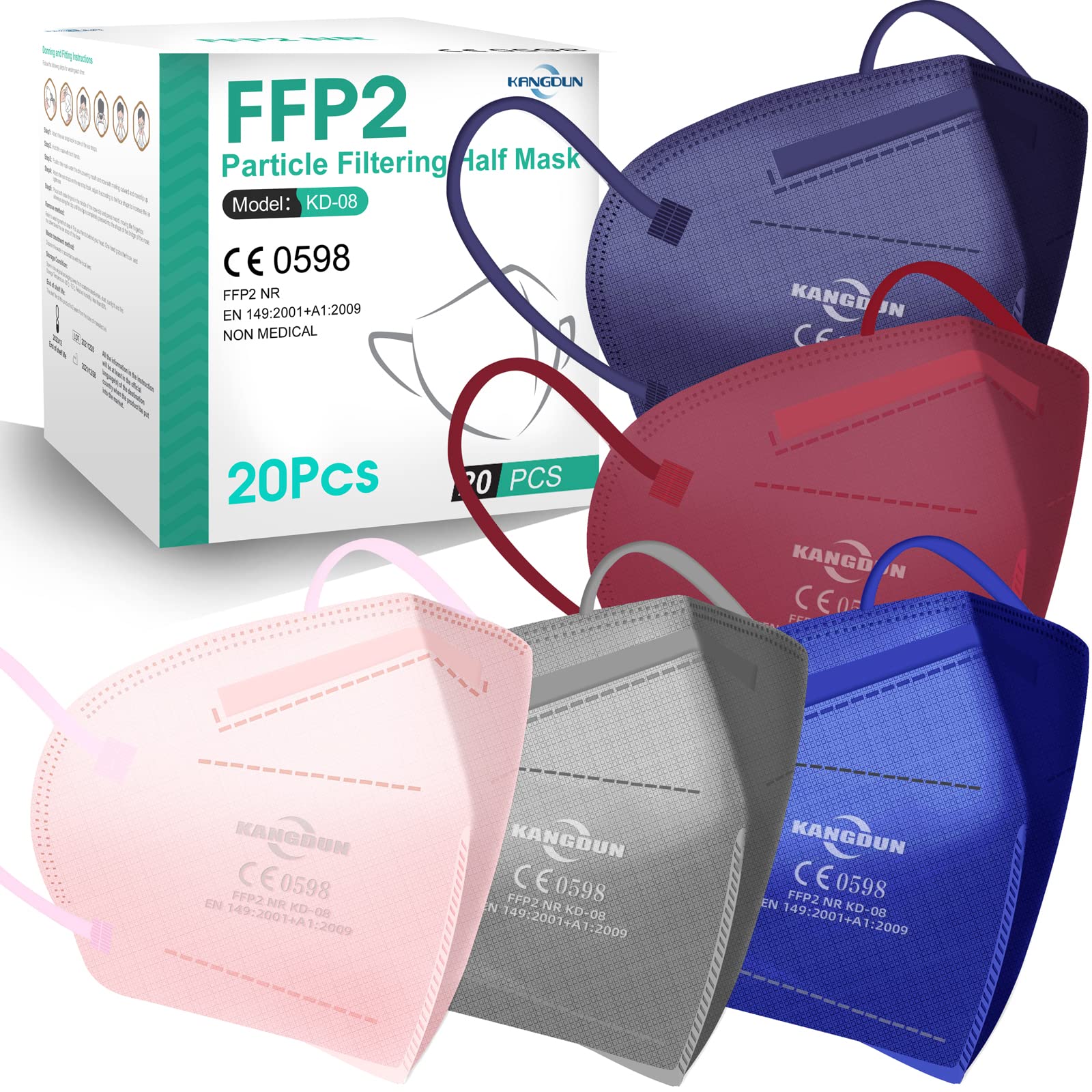 KANGDUN FFP2 Mask 20 Packs, FFP2 Masks 5-Ply Cup Dust Safety Masks, FFP2 Face Masks Disposable Particulate Respirator for Men & Women, EN 149:2001+A1:2009 FFP2 NR Multicolor