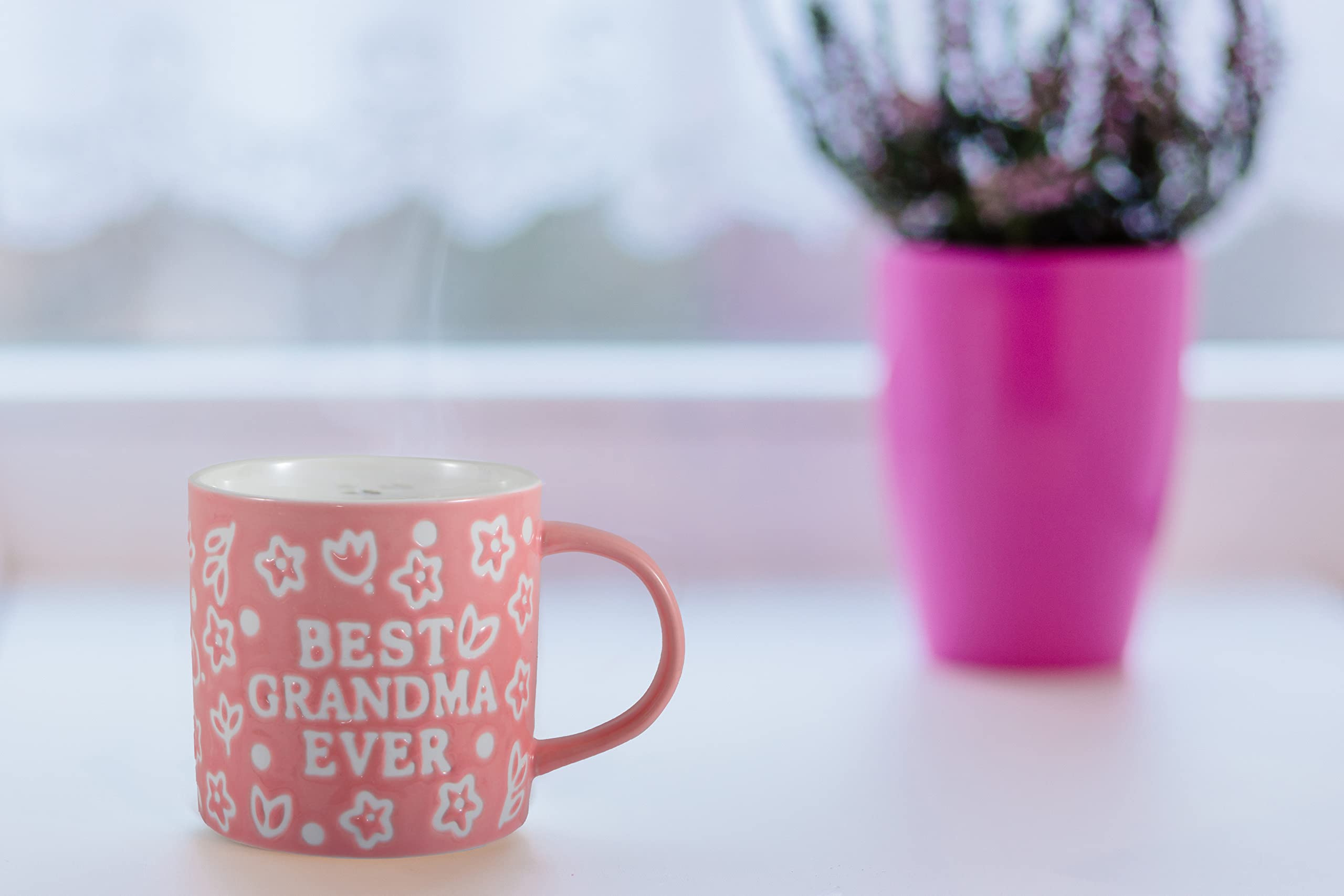 Tergi- Mothers Day Birthday Gifts for Grandma from Granddaughter Grandson - best grandma Ever Floral Embossed Pattern Ceramic Coffee Mug 13.5OZ