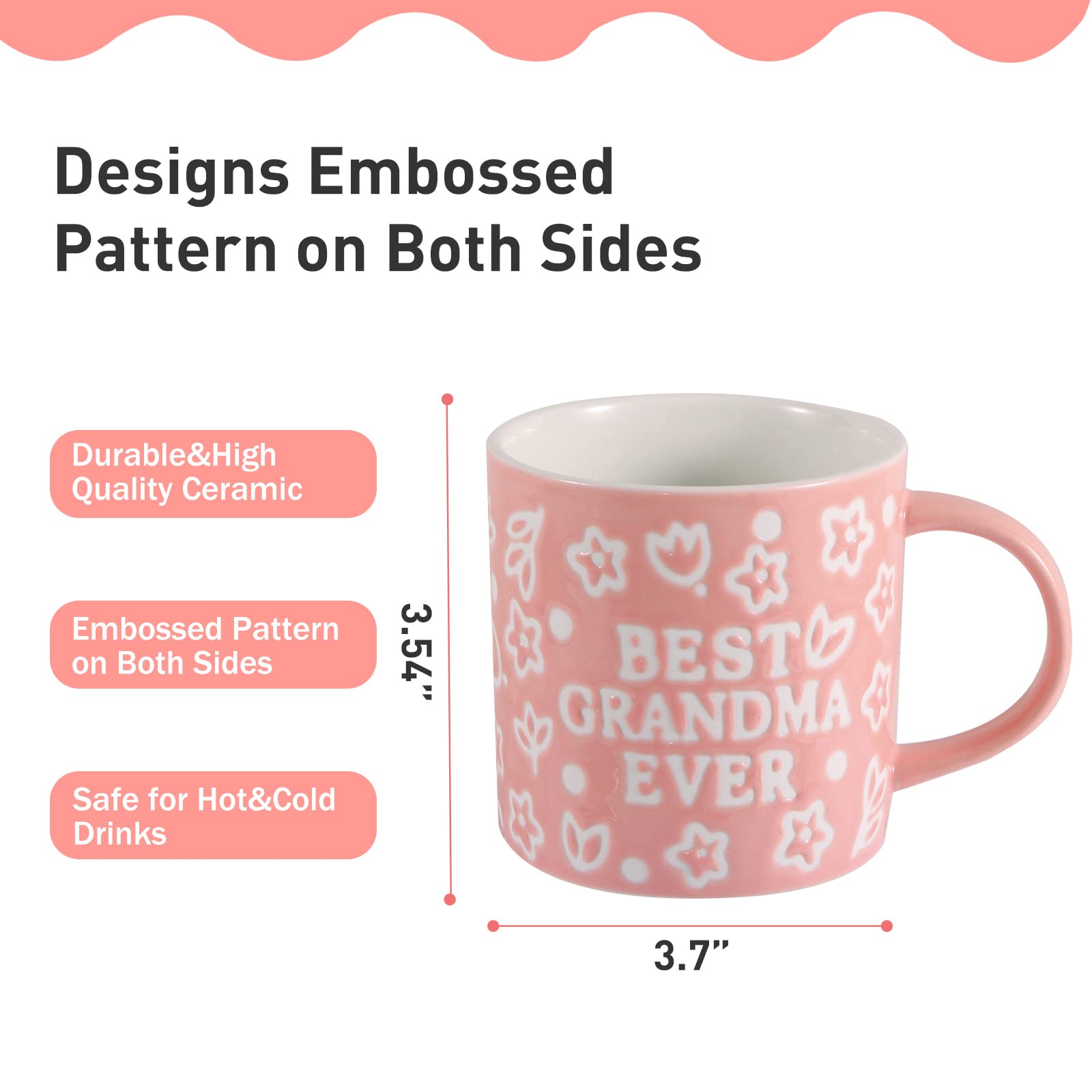 Tergi- Mothers Day Birthday Gifts for Grandma from Granddaughter Grandson - best grandma Ever Floral Embossed Pattern Ceramic Coffee Mug 13.5OZ