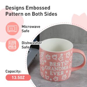 Tergi- Mothers Day Birthday Gifts for Grandma from Granddaughter Grandson - best grandma Ever Floral Embossed Pattern Ceramic Coffee Mug 13.5OZ