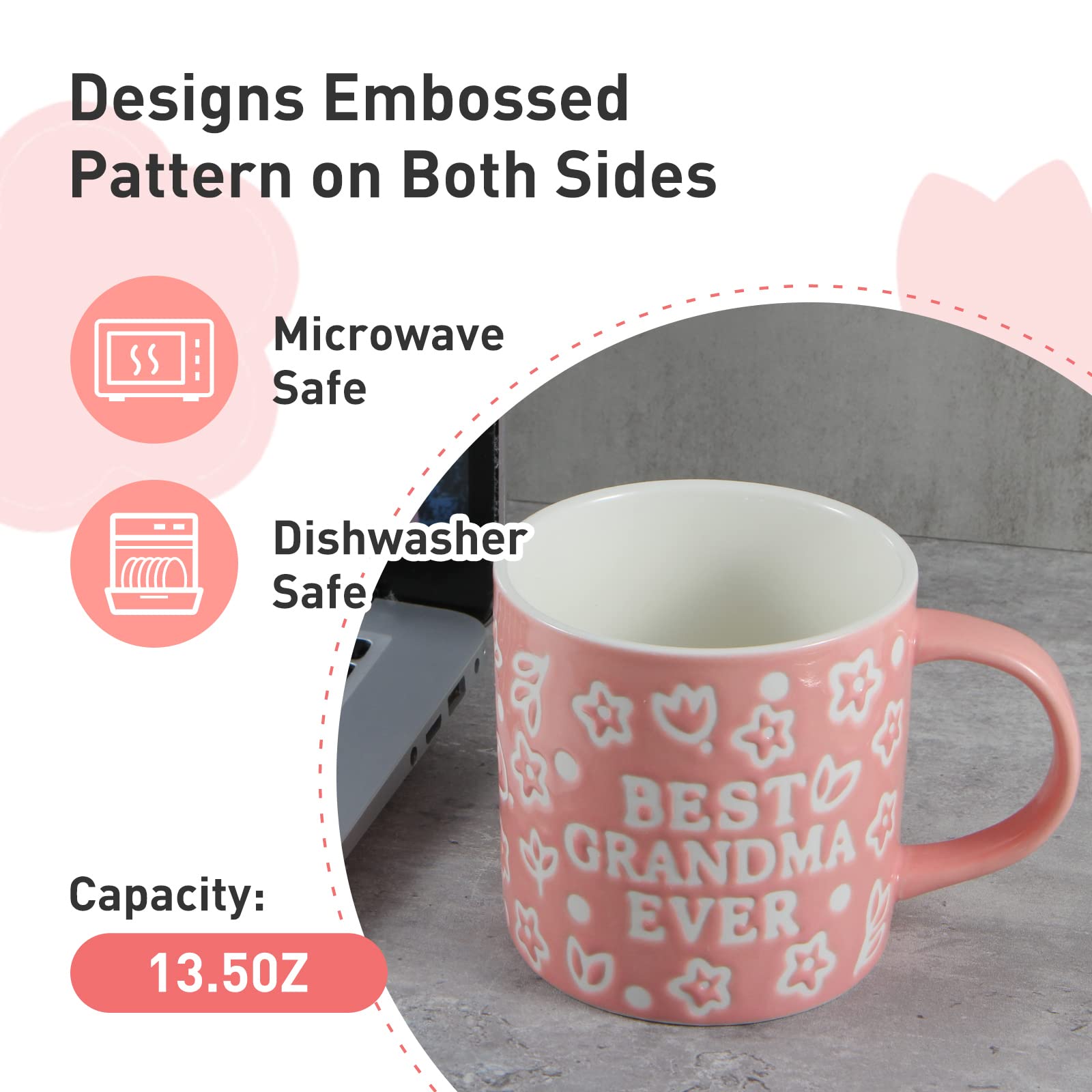 Tergi- Mothers Day Birthday Gifts for Grandma from Granddaughter Grandson - best grandma Ever Floral Embossed Pattern Ceramic Coffee Mug 13.5OZ