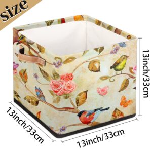 Rose Bird Butterfly Storage Basket Bins for Organizing Pantry/Shelves/Office/Girls Room, Animal Print Storage Cube Box with Handles Collapsible Toys Organizer 13x13