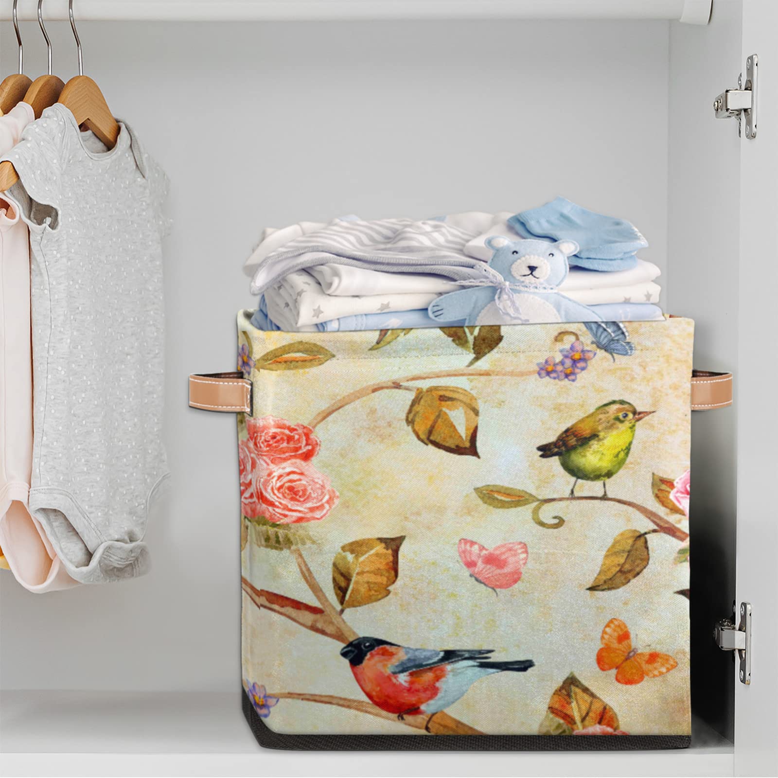 Rose Bird Butterfly Storage Basket Bins for Organizing Pantry/Shelves/Office/Girls Room, Animal Print Storage Cube Box with Handles Collapsible Toys Organizer 13x13