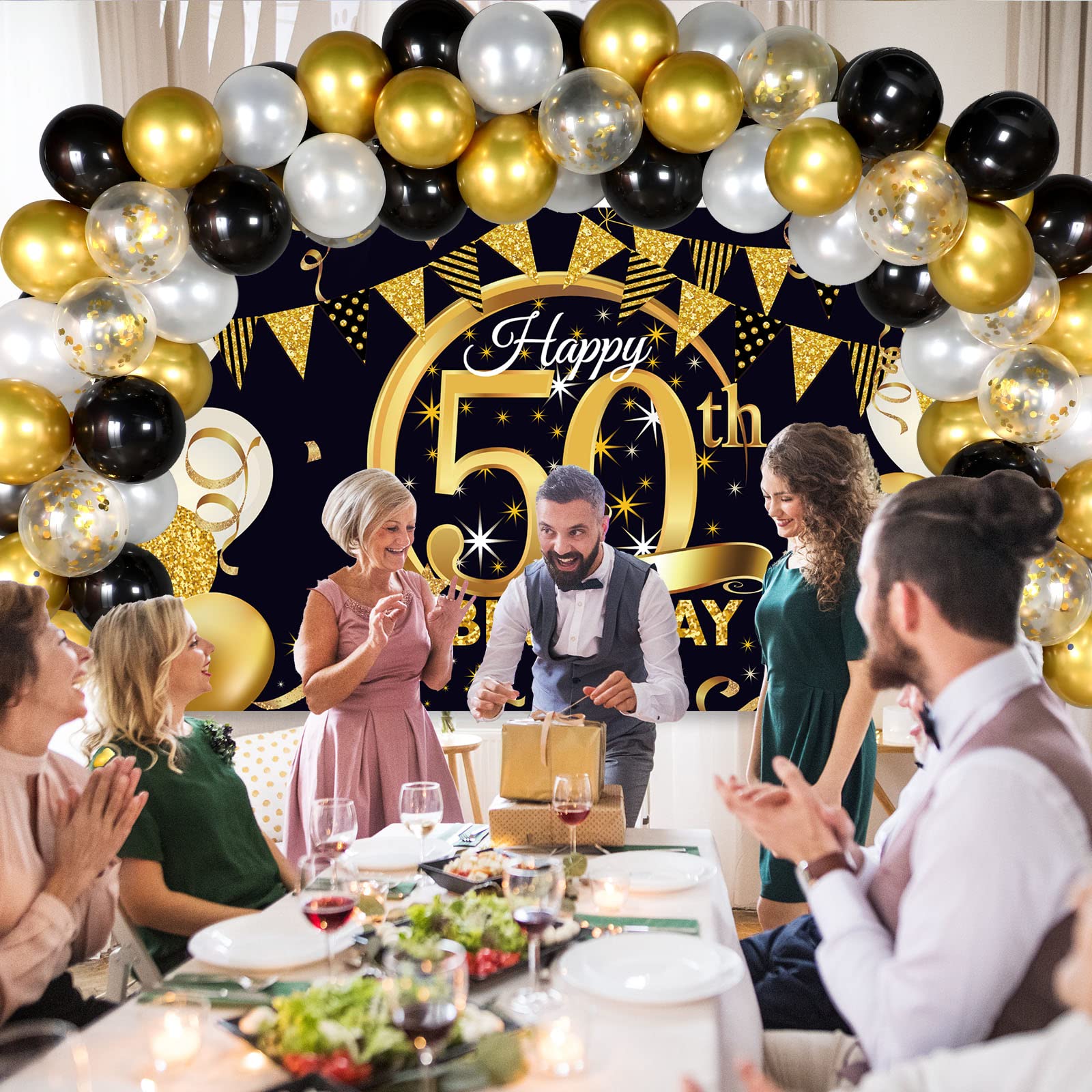 Tatuo Black and Gold 50th Happy Birthday Decorations Include Happy 50th Birthday Photography Backdrop Banner Black Gold Confetti Balloons Kit for Men Women Birthday Anniversary Party Supplies Decor