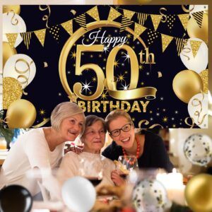 Tatuo Black and Gold 50th Happy Birthday Decorations Include Happy 50th Birthday Photography Backdrop Banner Black Gold Confetti Balloons Kit for Men Women Birthday Anniversary Party Supplies Decor