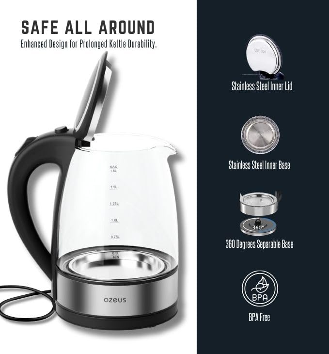 AZEUS Electric Kettle 1500W Cool Touch Tea Kettle Anti-scalding Design 1.8L Large Capacity Kettle BPA-Free, White