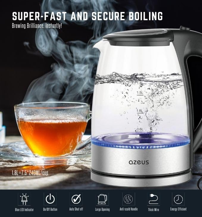 AZEUS Electric Kettle 1500W Cool Touch Tea Kettle Anti-scalding Design 1.8L Large Capacity Kettle BPA-Free, White